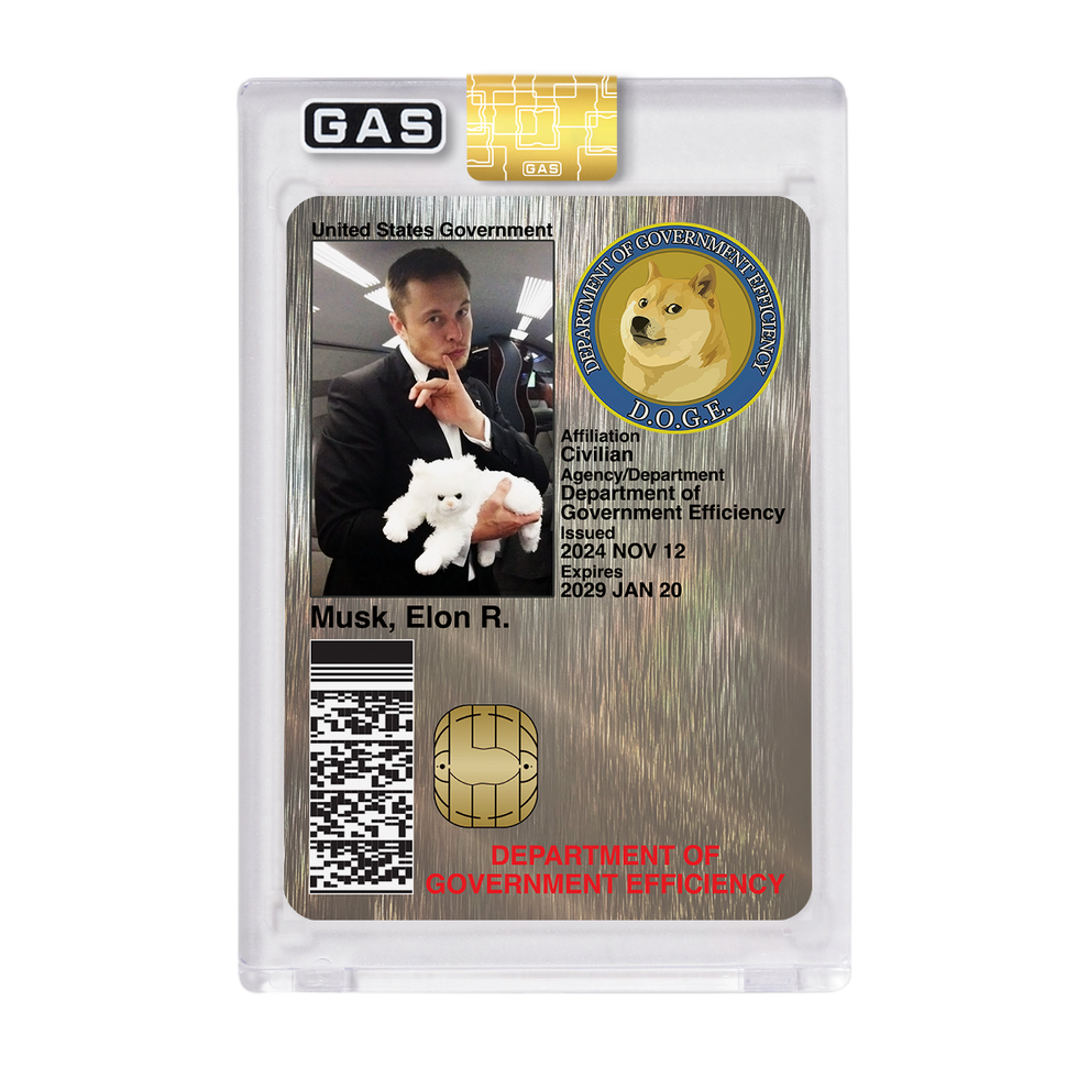 Limited Edition Elon Musk D.O.G.E. Platinum GAS ID Card – GAS TRADING CARDS